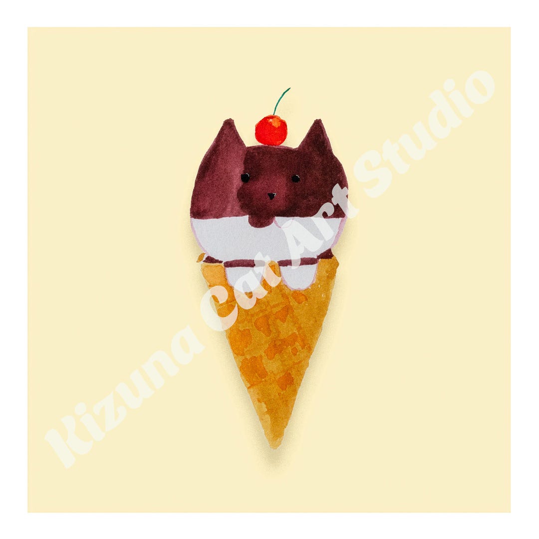 Ice Cream Cat Wall Art – Cute Watercolor Dessert Print – Pastel Cat ...