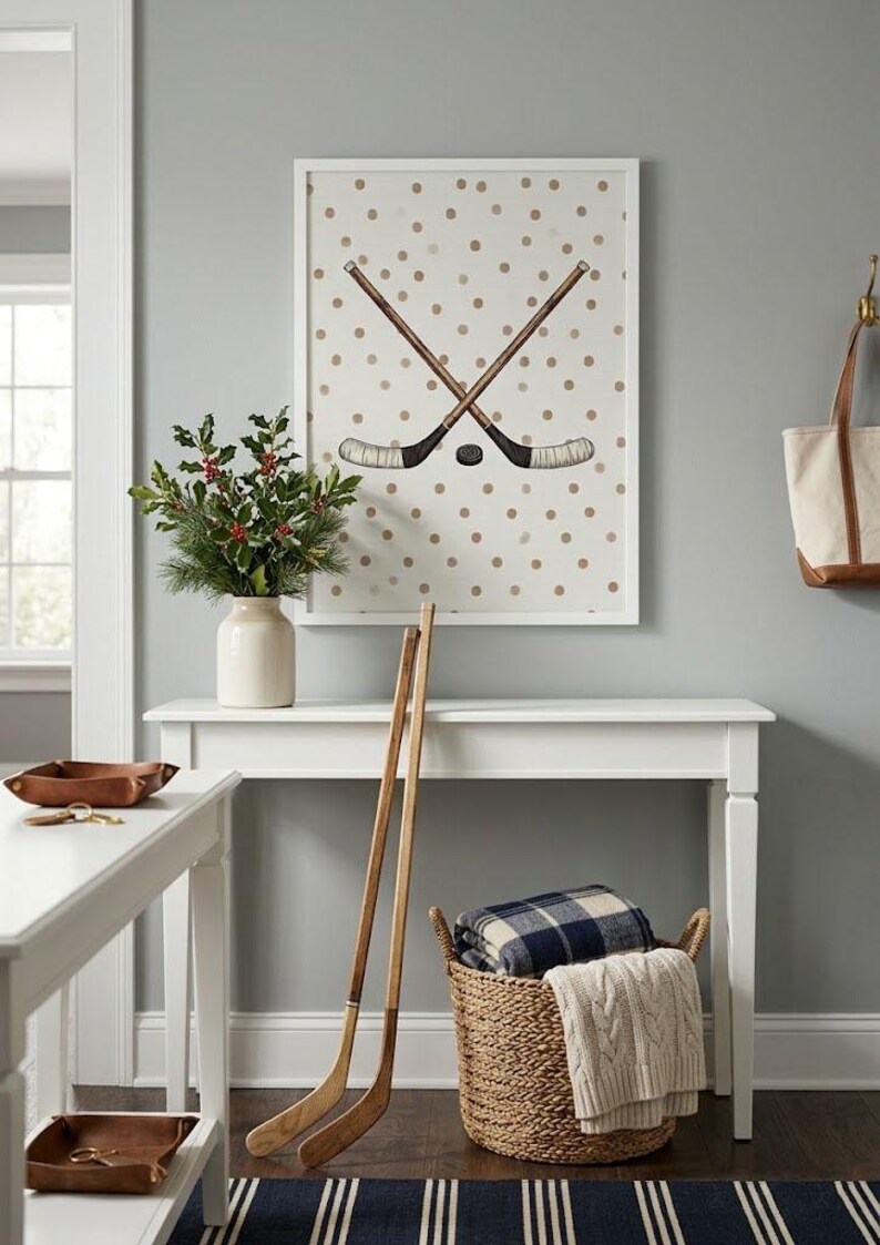 Vintage Crossed Hockey Sticks Sketch, Beige Polka Dot Illustration ...