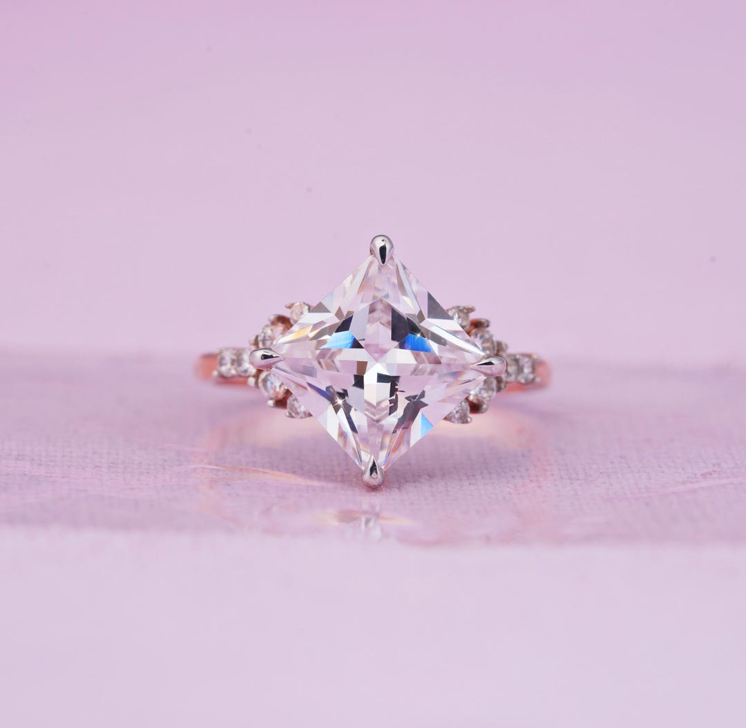 Pyramid Cut Moissanite Engagement Ring, Sterling Silver Rose Gold ...