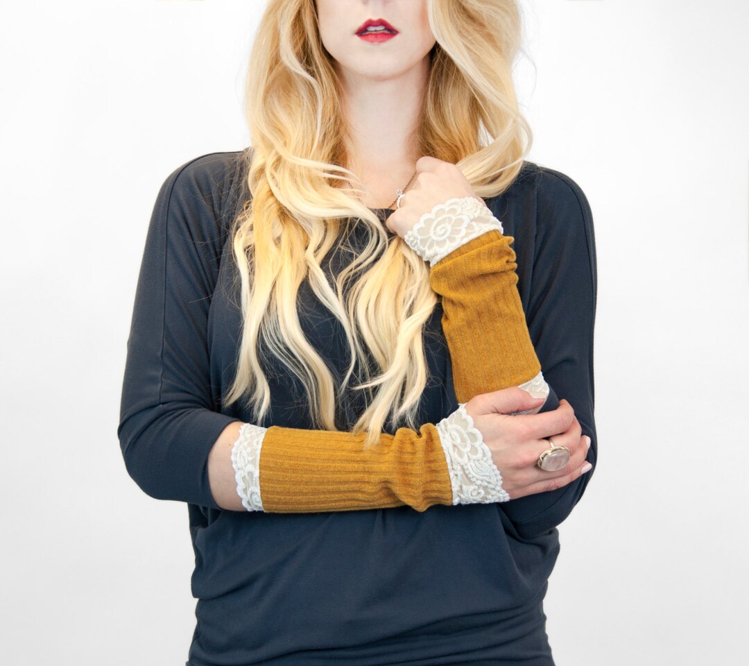 Mustard Lace Arm Warmers: Sweater Knit Fingerless Gloves - Etsy