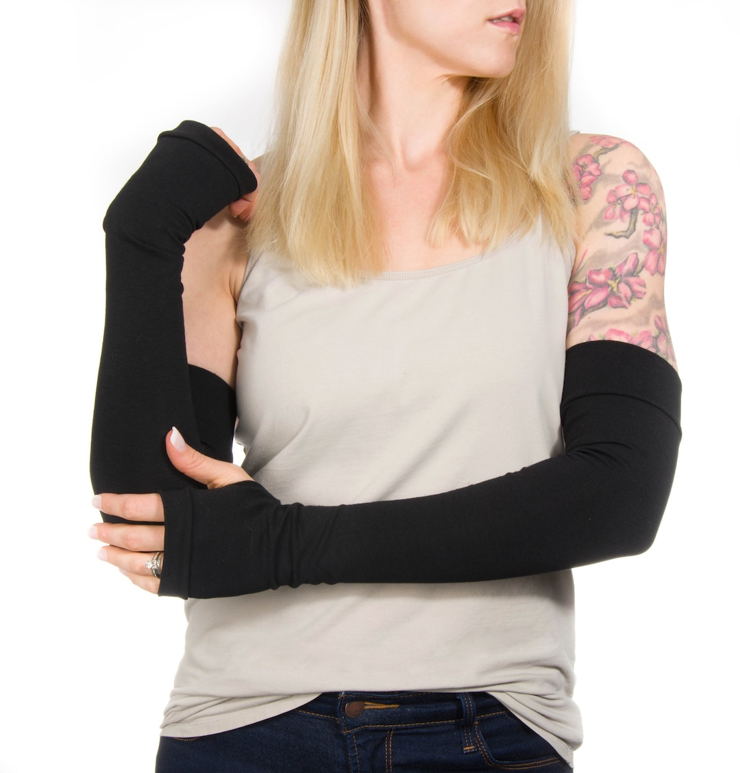 Long Black Fingerless Gloves: Jersey Arm Warmers, Tattoo Cover Up - Etsy