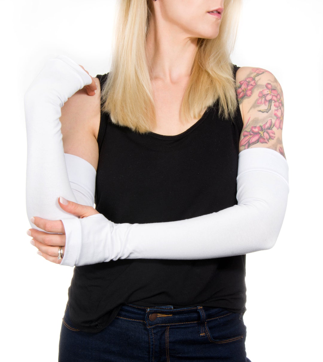 Long White Fingerless Gloves: Jersey Arm Warmers, Tattoo Cover Up - Etsy