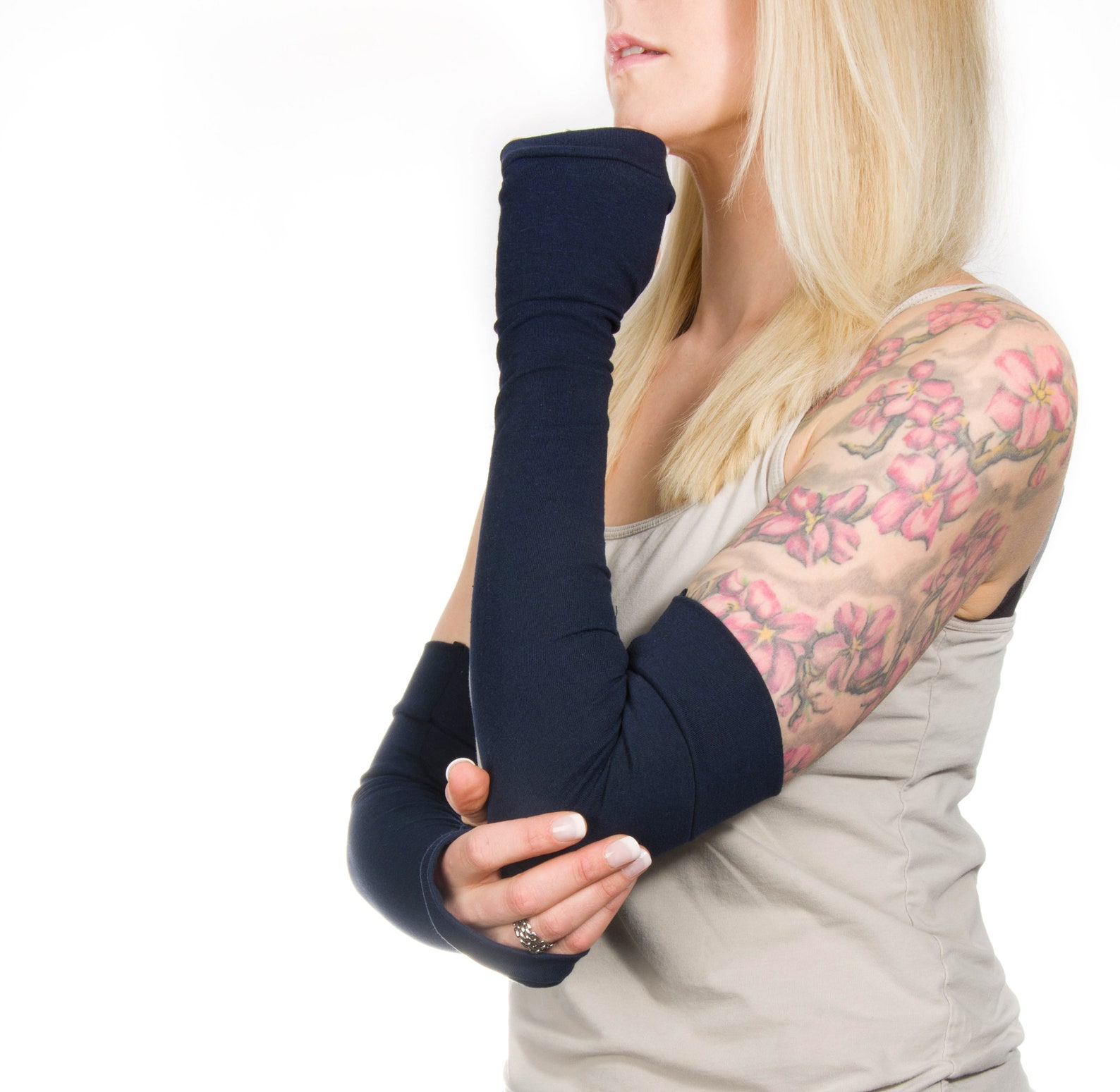 Long Navy Fingerless Gloves: Jersey Arm Warmers, Tattoo Cover Up - Etsy