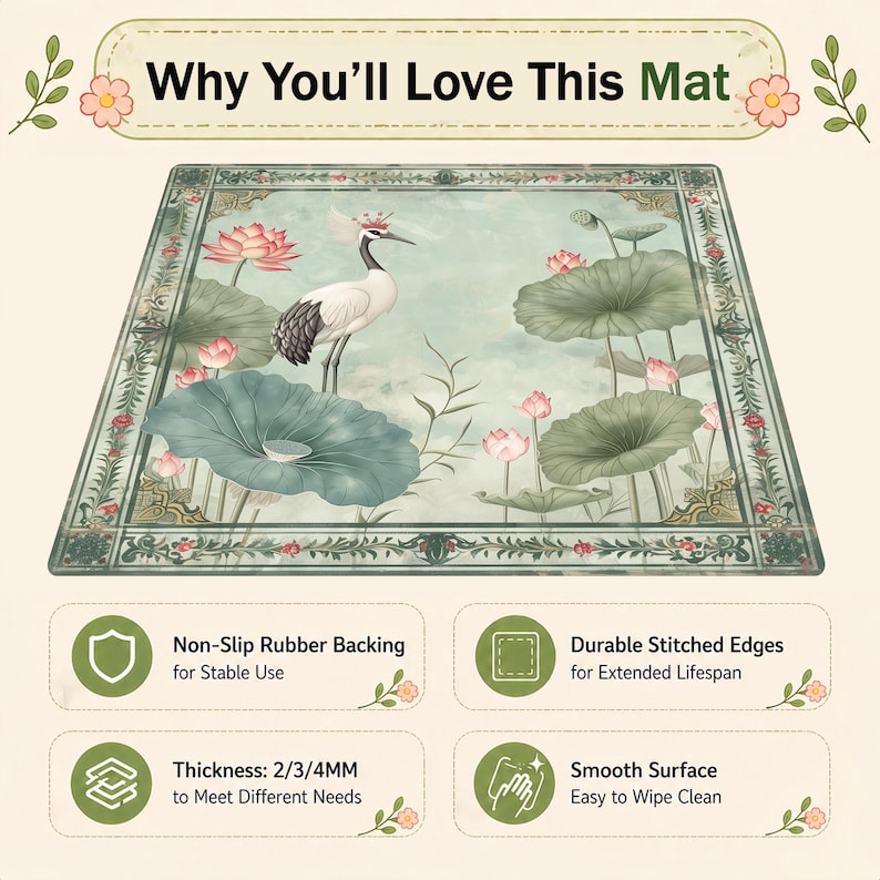 Crane Lotus Mahjong Mat, Elegant Oriental Mahjong Table Mat, Non-slip ...