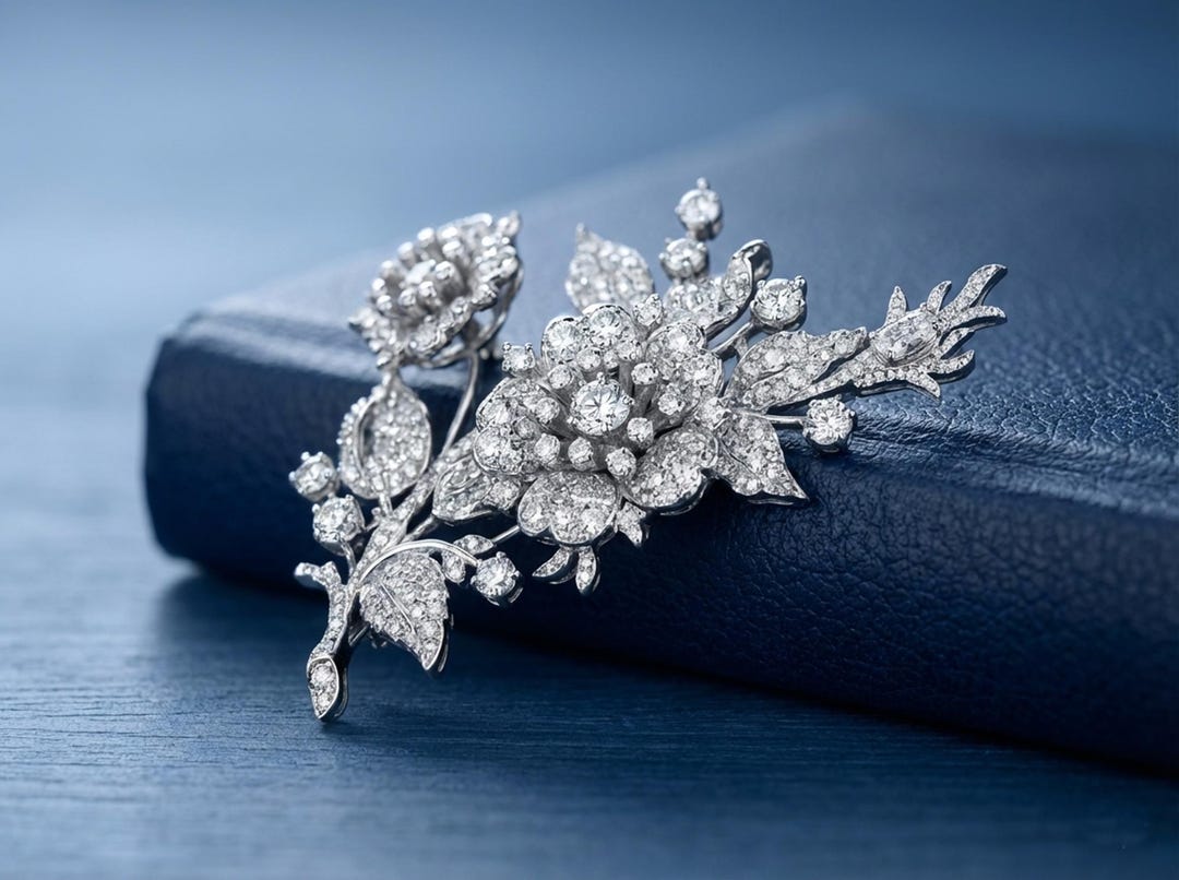 Flower Motif Art Deco Brooch Pin, CZ Stone Floral Style Wedding Brooch ...