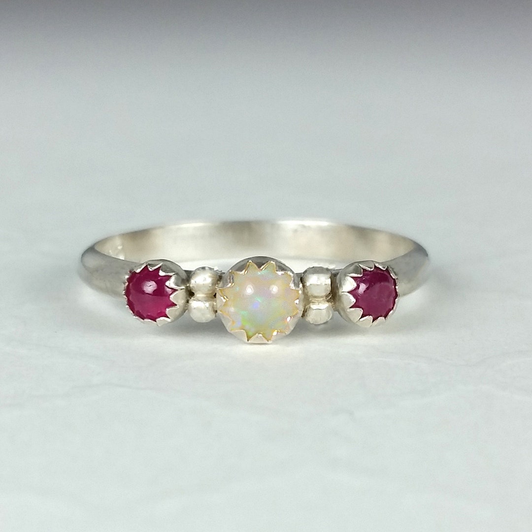 Opal and Ruby Ring in Sterling Silver, White Opal Ring, Unique Gemstone Ring, Three Gemstone ...