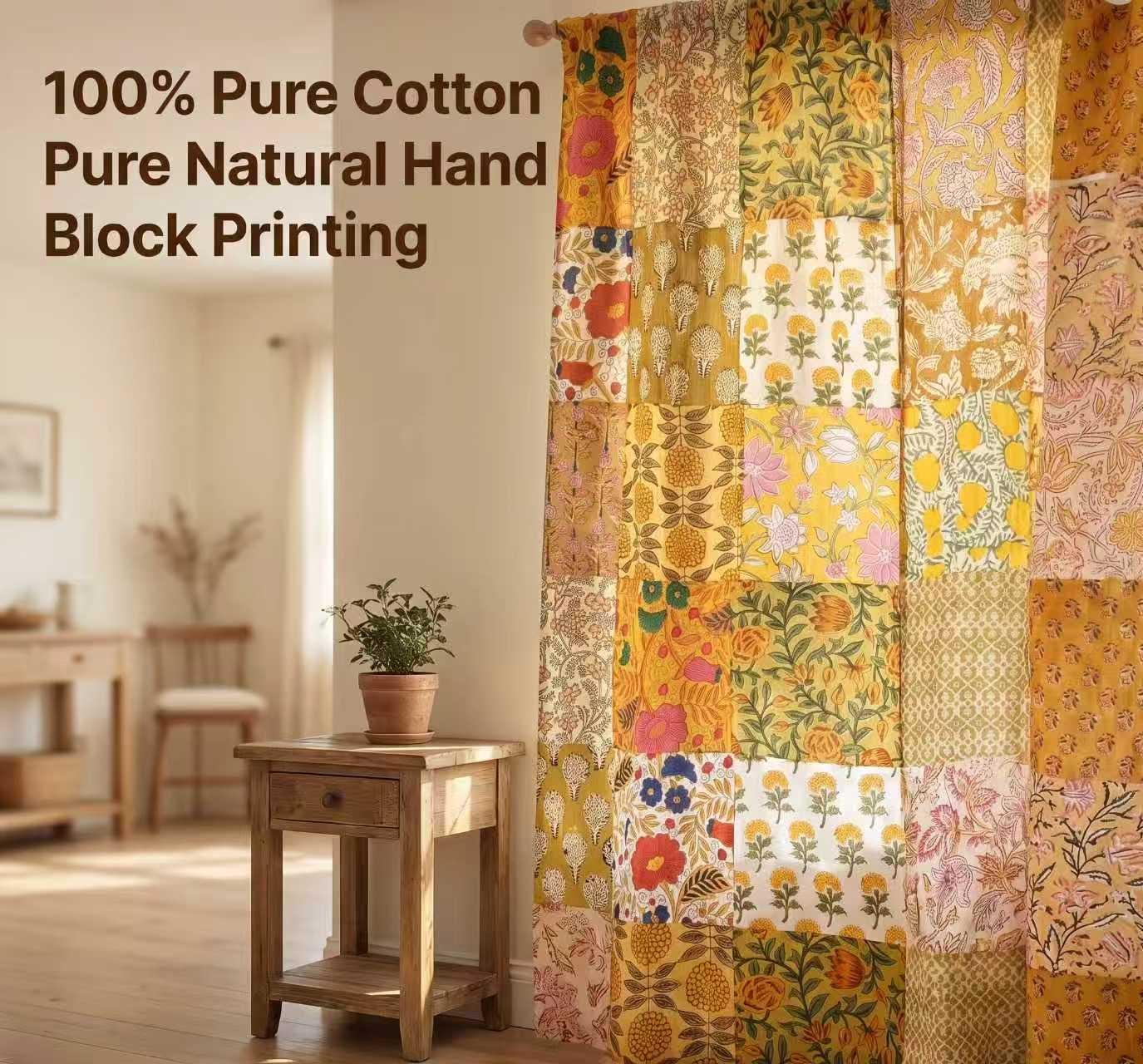 Hand Block Print Patchwork Curtain, 100% Cotton Boho Farmhouse Rod ...