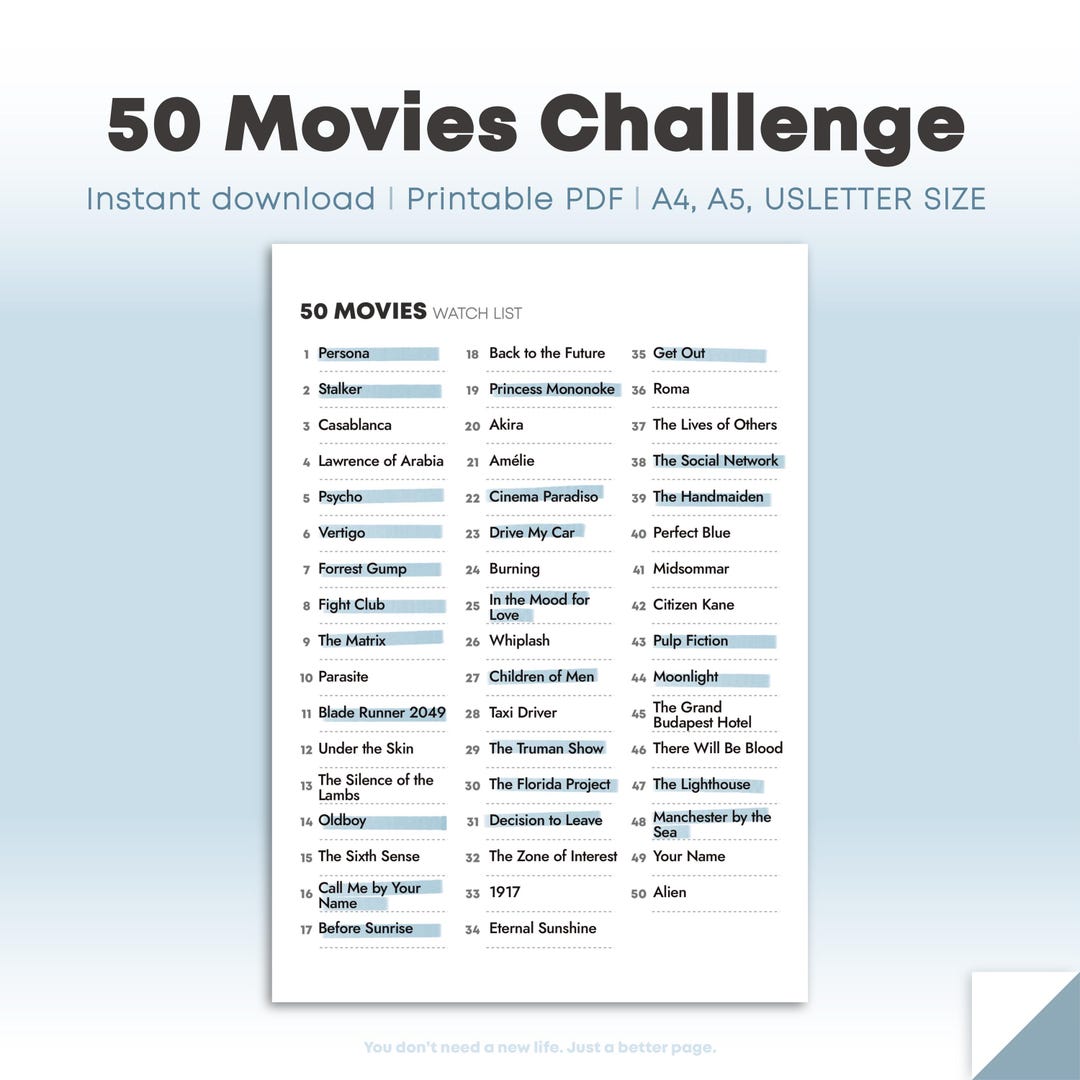 50 Movies Challenge Template | Movie Bucket List for Movie Lovers ...