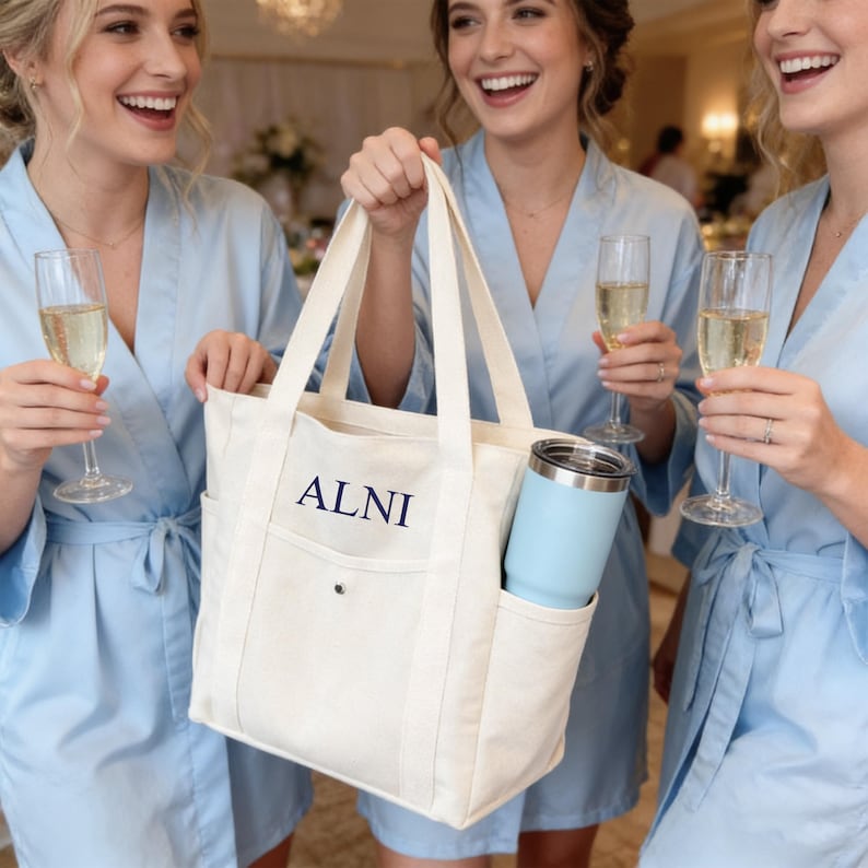 Personalized Embroidered Name Cotton Canvas Tote Bag With Pockets ...