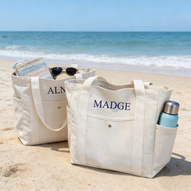 Personalized Embroidered Name Cotton Canvas Tote Bag With Pockets ...