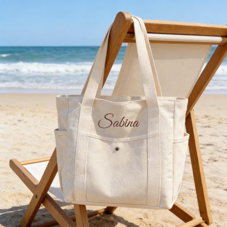 Personalized Embroidered Name Cotton Canvas Tote Bag With Pockets ...