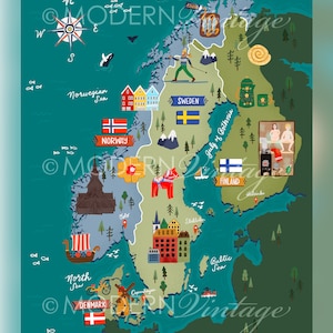 Illustrated Map of Norway, Sweden, Finland, and Denmark - Scandinavia ...
