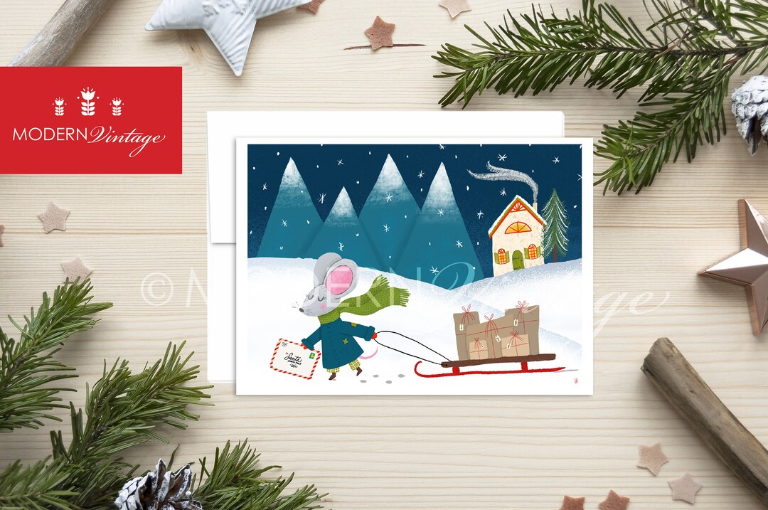 Set of 6 Delivery Mouse- Illustrated Christmas Card With Mouse ...