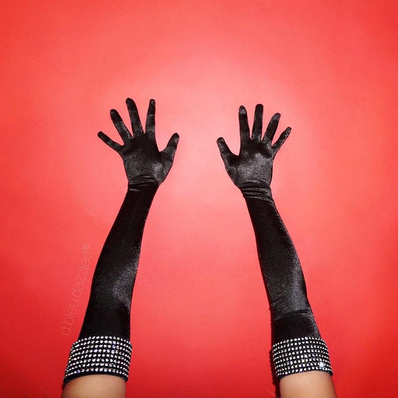 Black Satin Opera Length Gloves With Crystal Mesh | Etsy