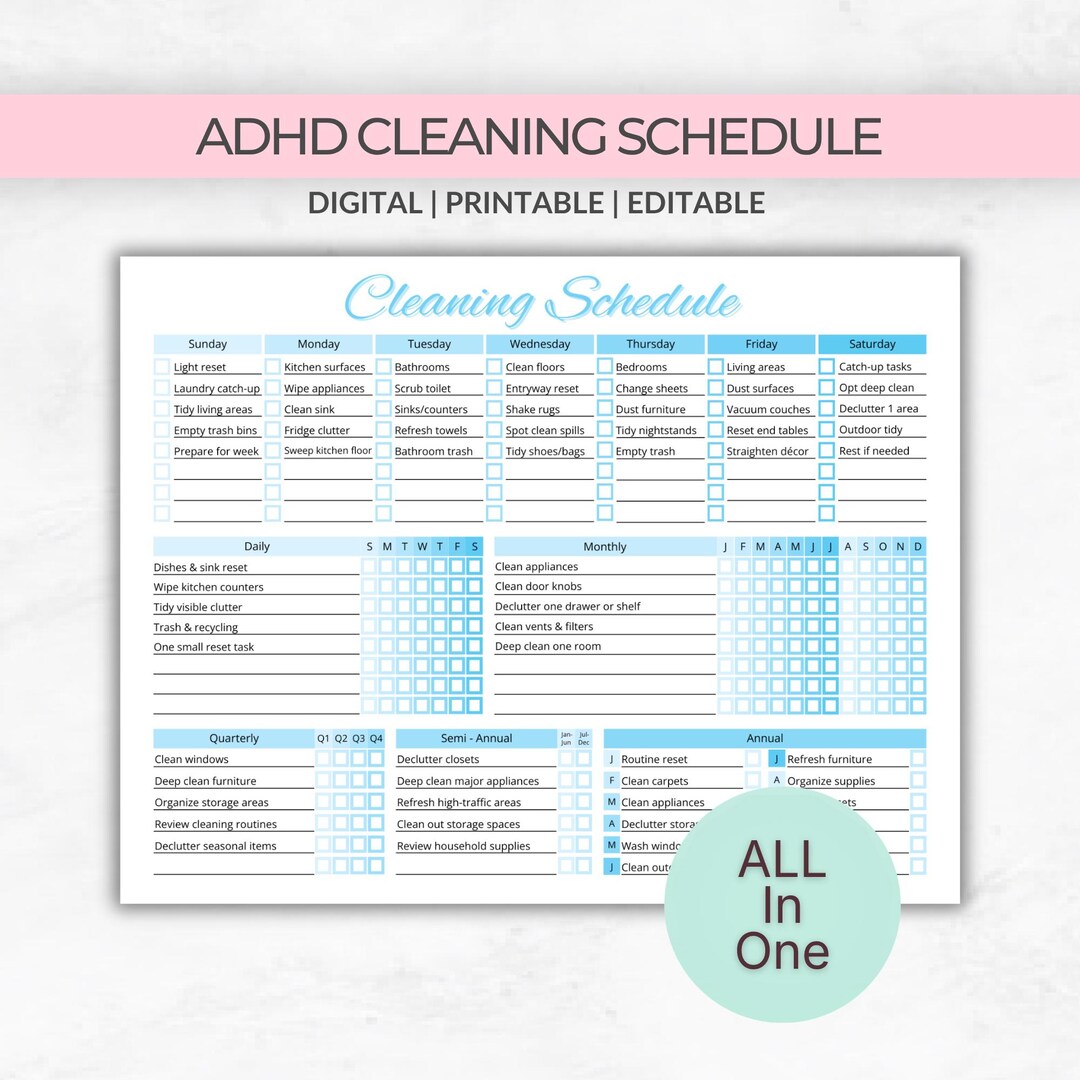 ADHD Cleaning Schedule Chore Chart, Editable Family Kids Cleaning ...