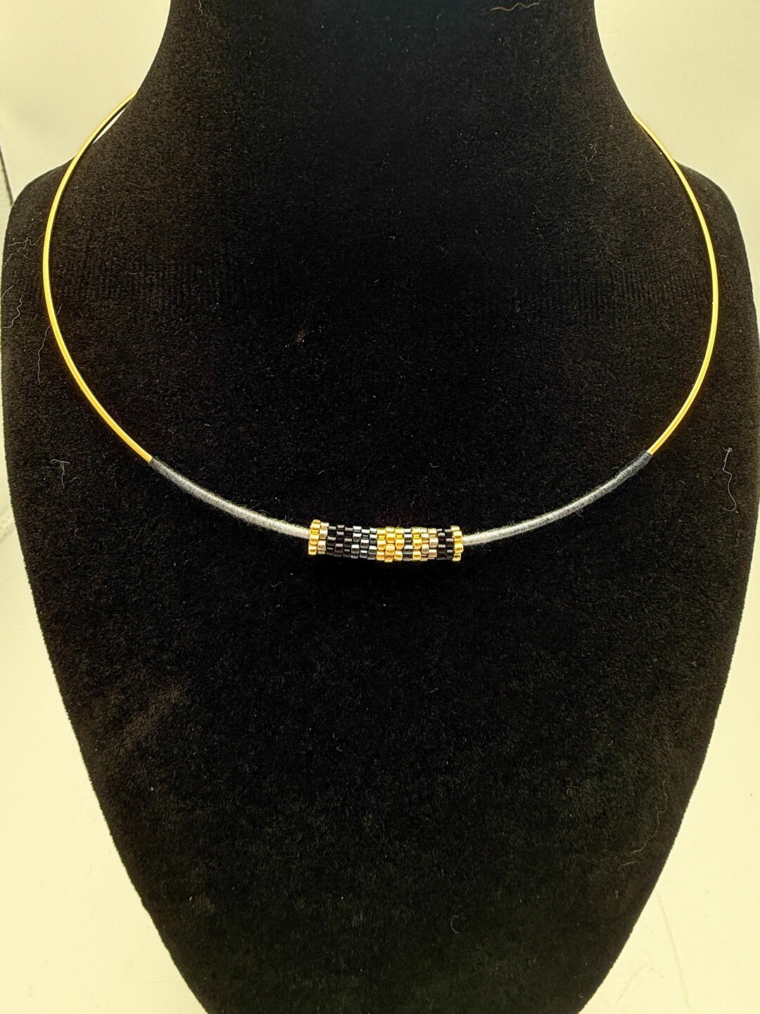 Minimal Boho Beaded Choker Necklace, Seed Bead Bar, Thread Wrapped Gold ...