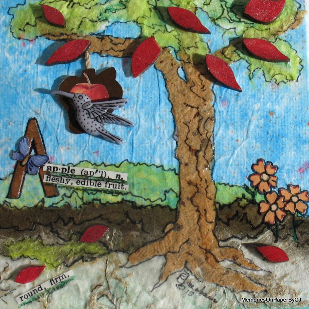 Mixed Media Apple Teacher Gift 3 Inch Collage on Easel Blue Brown Green ...