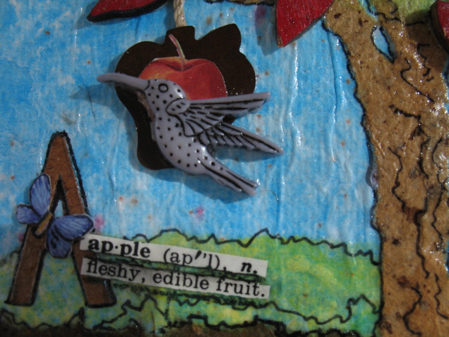 Mixed Media Apple Teacher Gift 3 Inch Collage on Easel Blue Brown Green ...