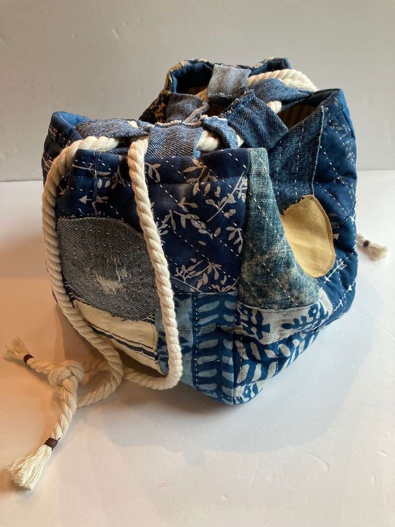 Japanese Boro/sashiko Inspired, Hand Made/ Hand Stitched, Denim/cotton Drawstring Tote Bag - Etsy