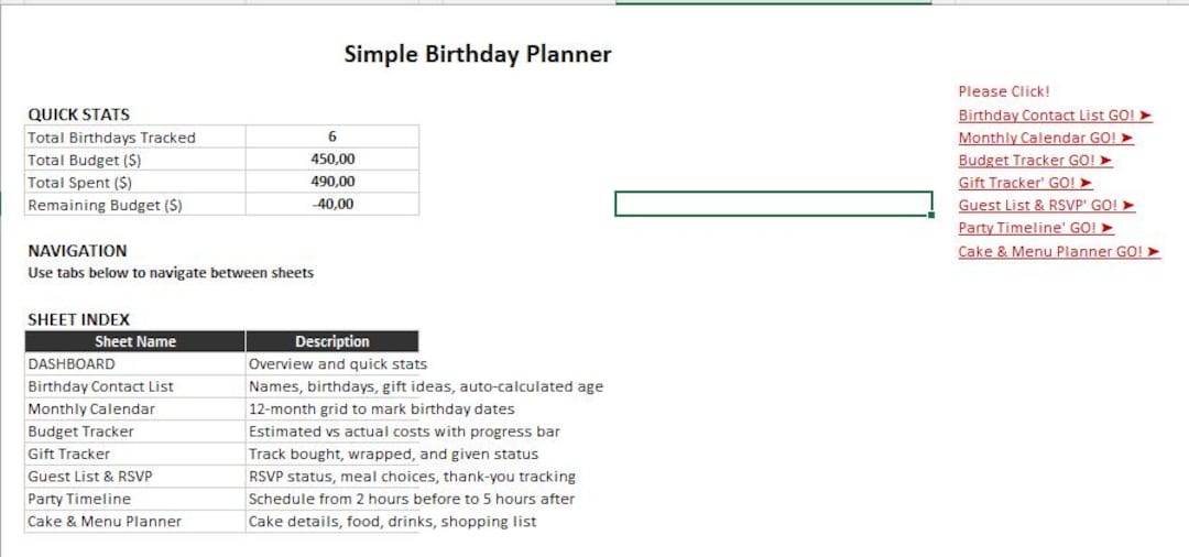 Birthday Party Planner Excel Template | Budget Tracker, Guest List ...