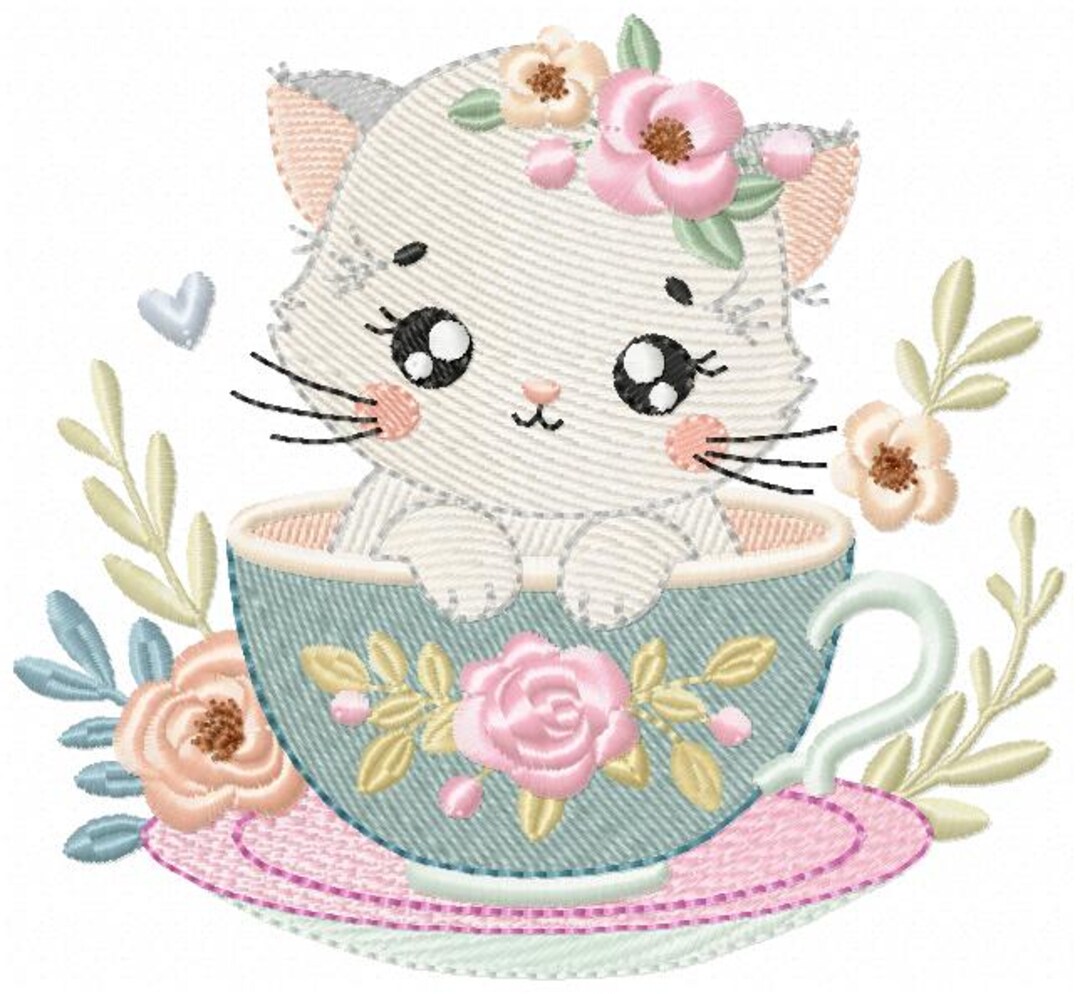 Embroidery Pattern Cat Cats Tea Time Kitten Kitty Kitchen Café Coffee ...