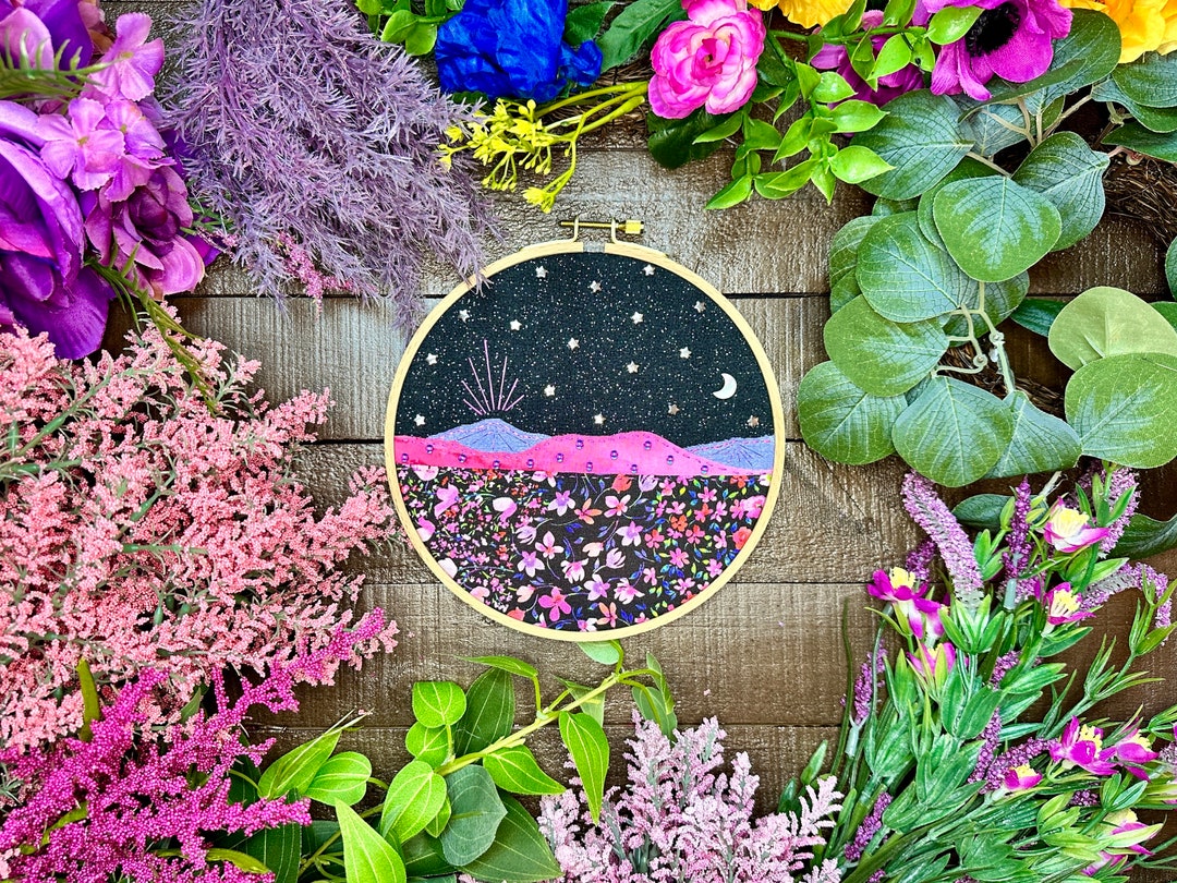 Stitched Wall Art Crescent Moon Rising Over Floral Mountain - Etsy
