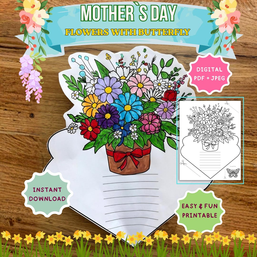 Mother's Day Flower Bouquet Craft, Butterfly Coloring Page (digital PDF ...