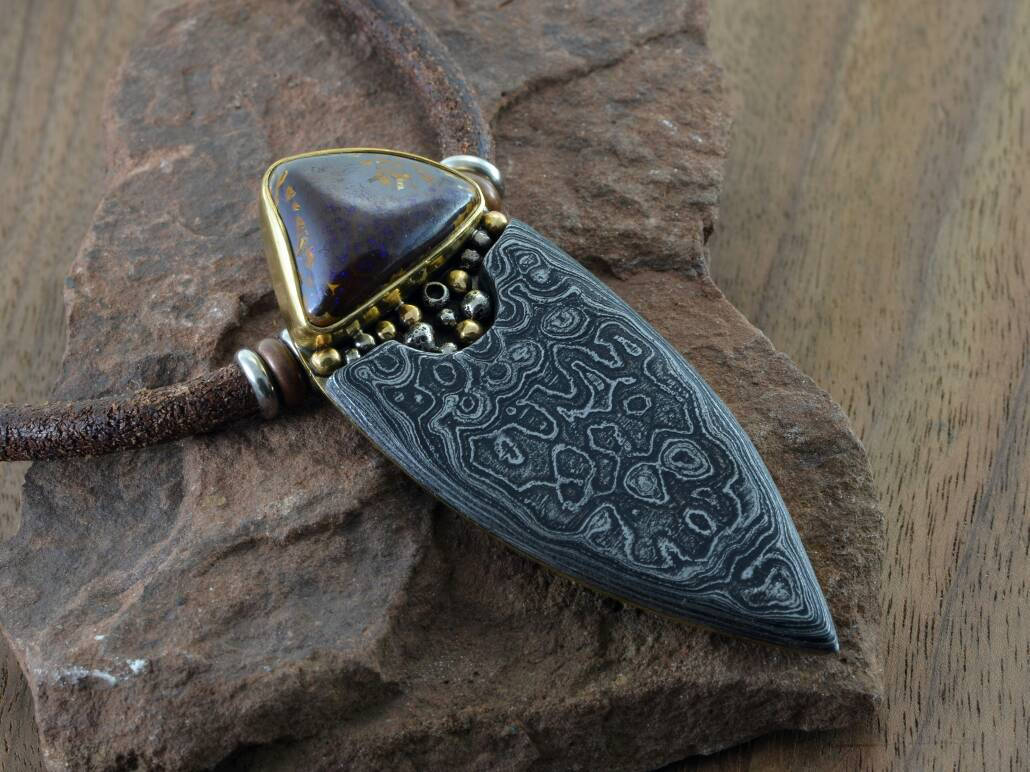 Boulder Opal with Damascus Steel Pendant | Etsy