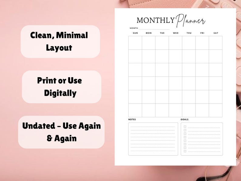 Editable Monthly Planner Canva Template | Minimalist Undated Calendar ...