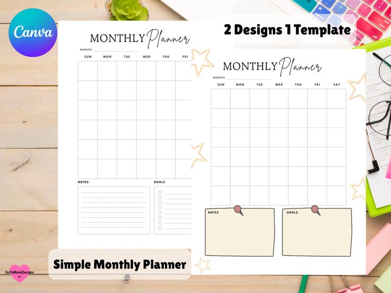 Editable Monthly Planner Canva Template | Minimalist Undated Calendar ...