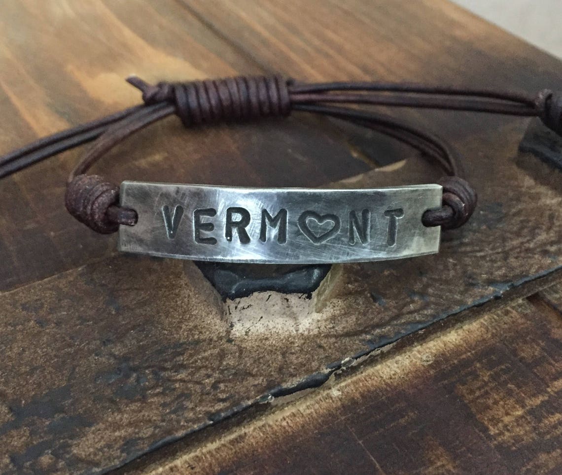 Vermont Leather Bracelet Hand Stamped State Jewelry Adjustable - Etsy