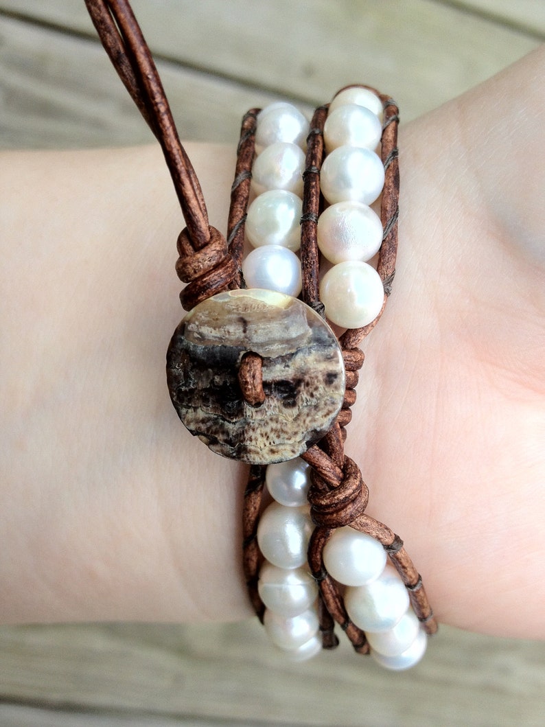 White Freshwater Pearl Leather Wrap Bracelet Classic Double Etsy