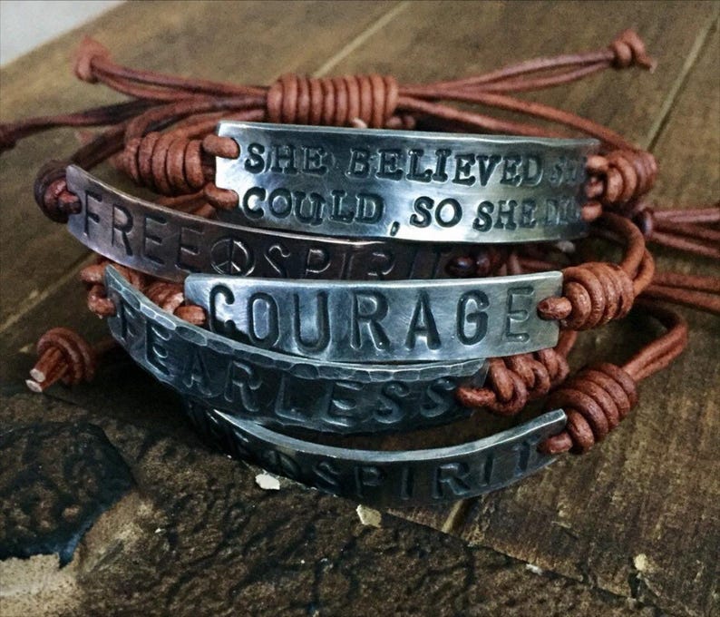 Fearless Leather Bracelet, Hand Stamped Pewter or Copper - Etsy