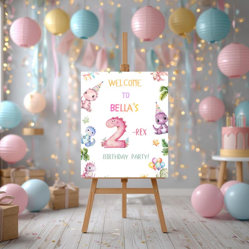 Girl Dinosaur 2nd Birthday Welcome Sign Editable in Canva, Two Rex ...