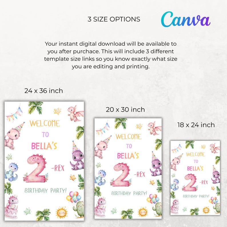 Girl Dinosaur 2nd Birthday Welcome Sign Editable in Canva, Two Rex ...
