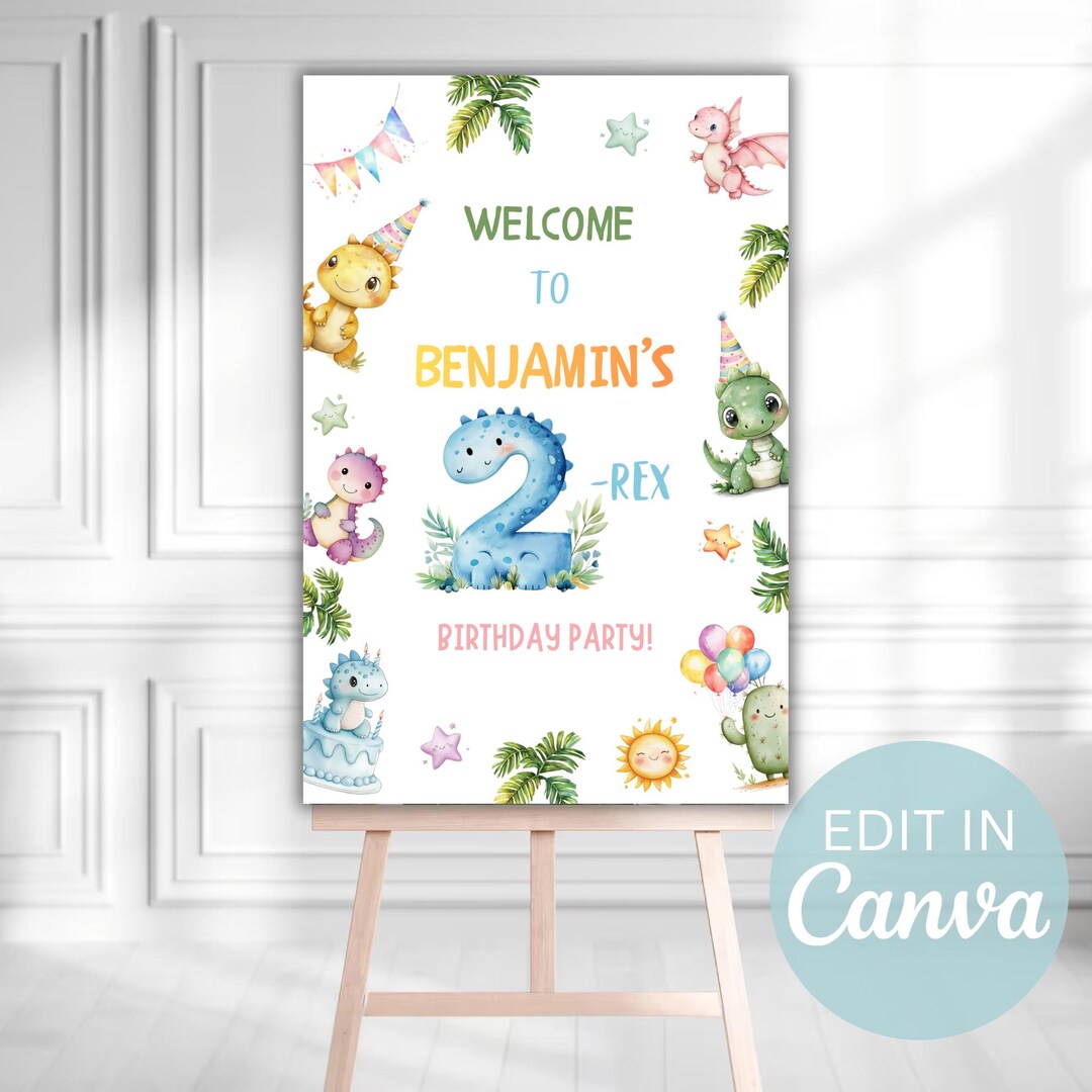 Editable Dinosaur 2nd Birthday Welcome Sign, Canva Template, Two Rex ...