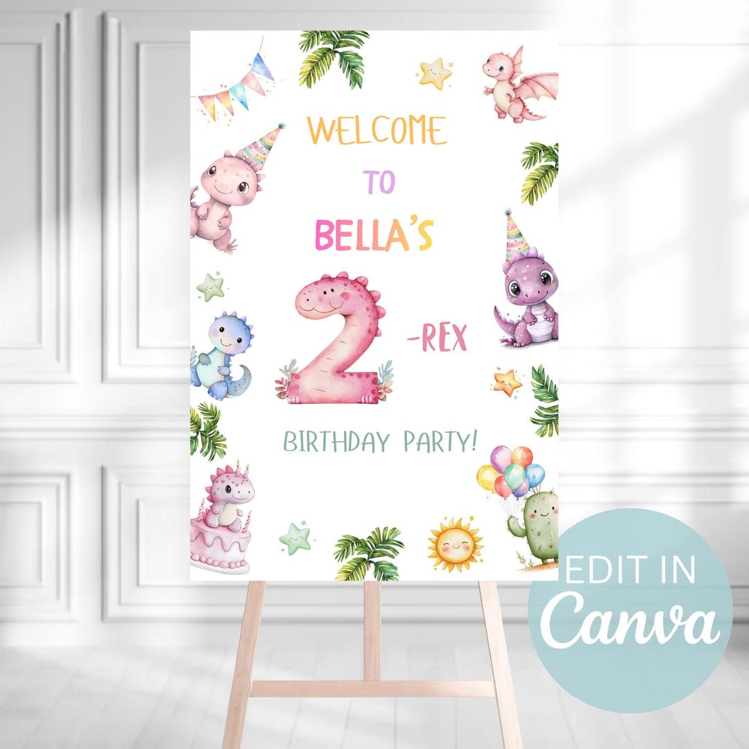 Girl Dinosaur 2nd Birthday Welcome Sign Editable in Canva, Two Rex ...