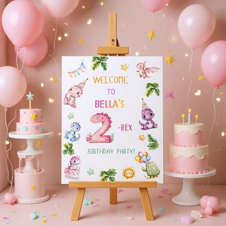 Girl Dinosaur 2nd Birthday Welcome Sign Editable in Canva, Two Rex ...