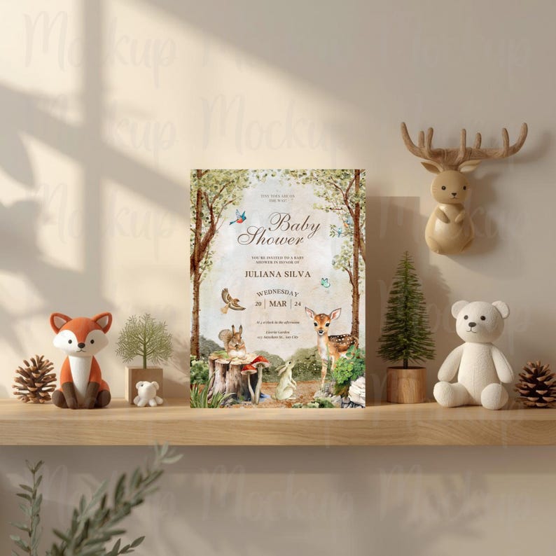 Woodland Animal Baby Shower Invitation Mockup | Forest Theme Nursery ...