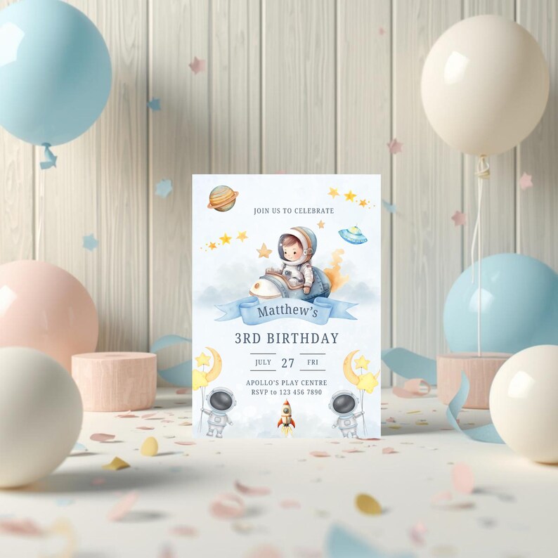 Blue Balloon Birthday Invitation Mockup, Pastel Boy Party Invite ...