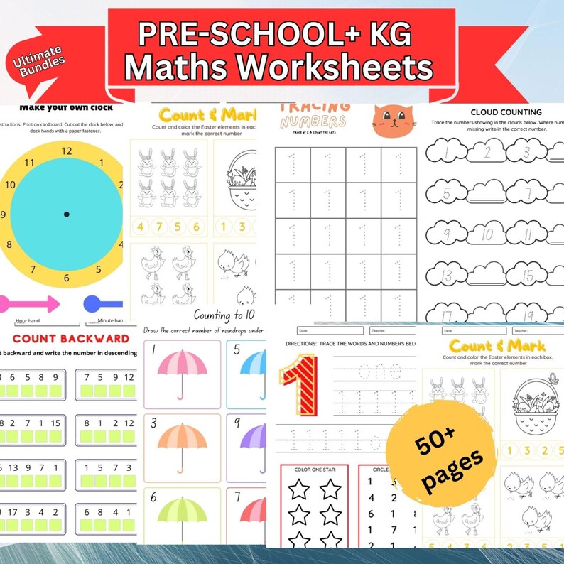 Preschool Math Worksheets | Counting, Tracing, Clock (instant Download ...