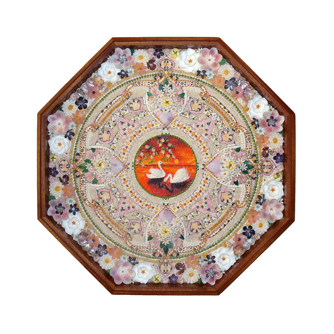 Swan Song Sailor's Valentine: Shell Art Wall Hanging in Mahogany Frame ...
