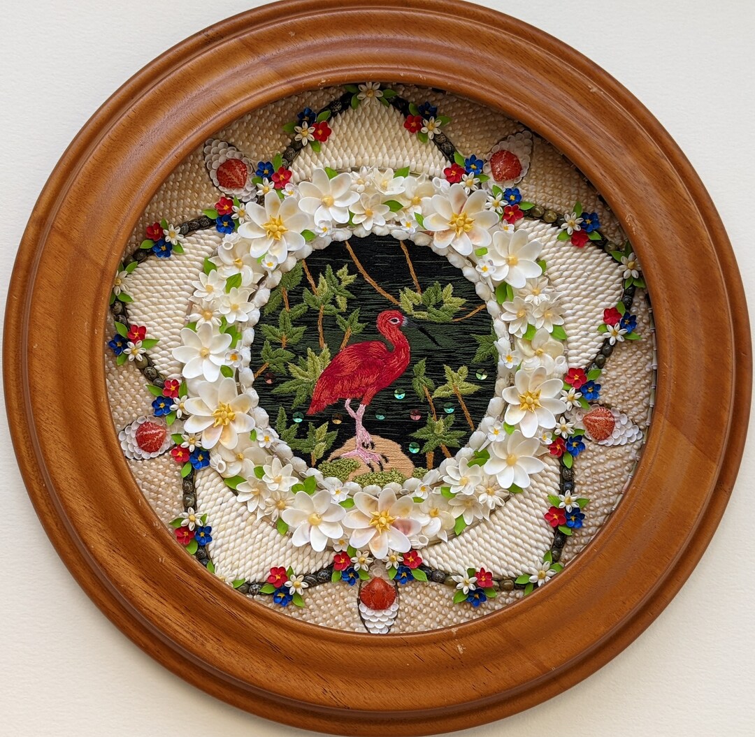Sailor Valentine: Embroidered Scarlet Ibis, Shell Art, Bird Lover Gift ...