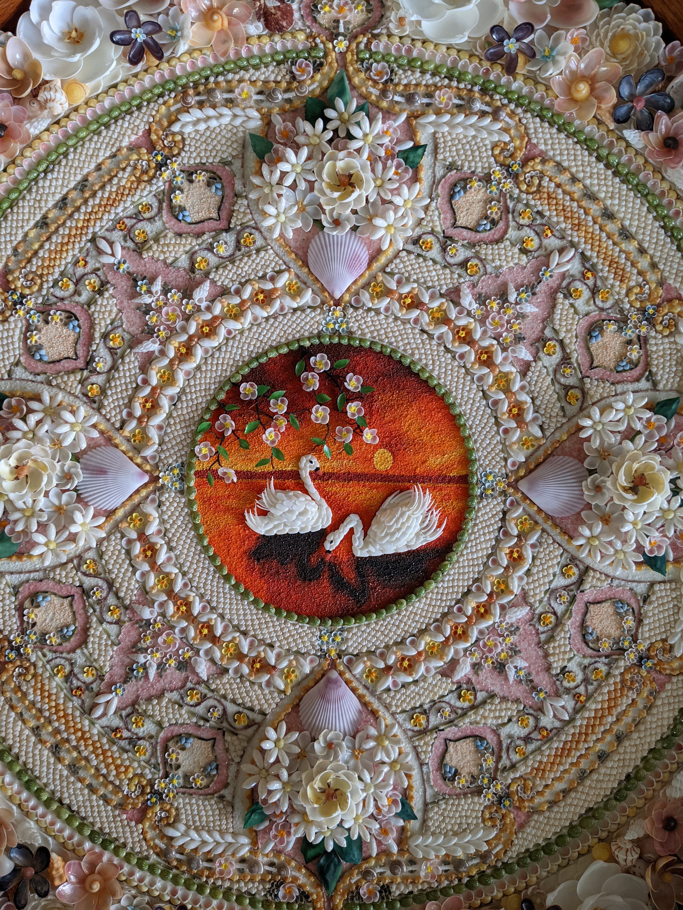 Swan Song Sailor's Valentine: Shell Art Wall Hanging in Mahogany Frame ...