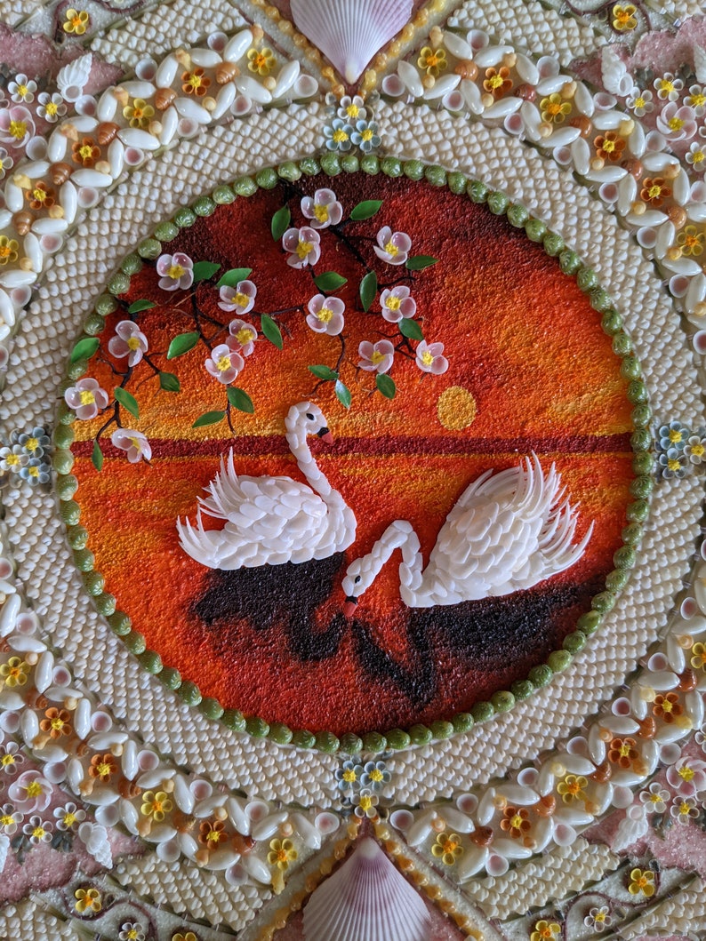 Swan Song Sailor's Valentine: Shell Art Wall Hanging in Mahogany Frame ...