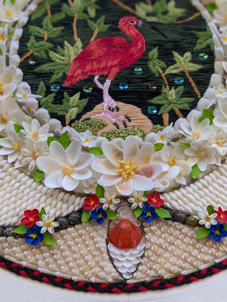 Sailor Valentine: Embroidered Scarlet Ibis, Shell Art, Bird Lover Gift ...
