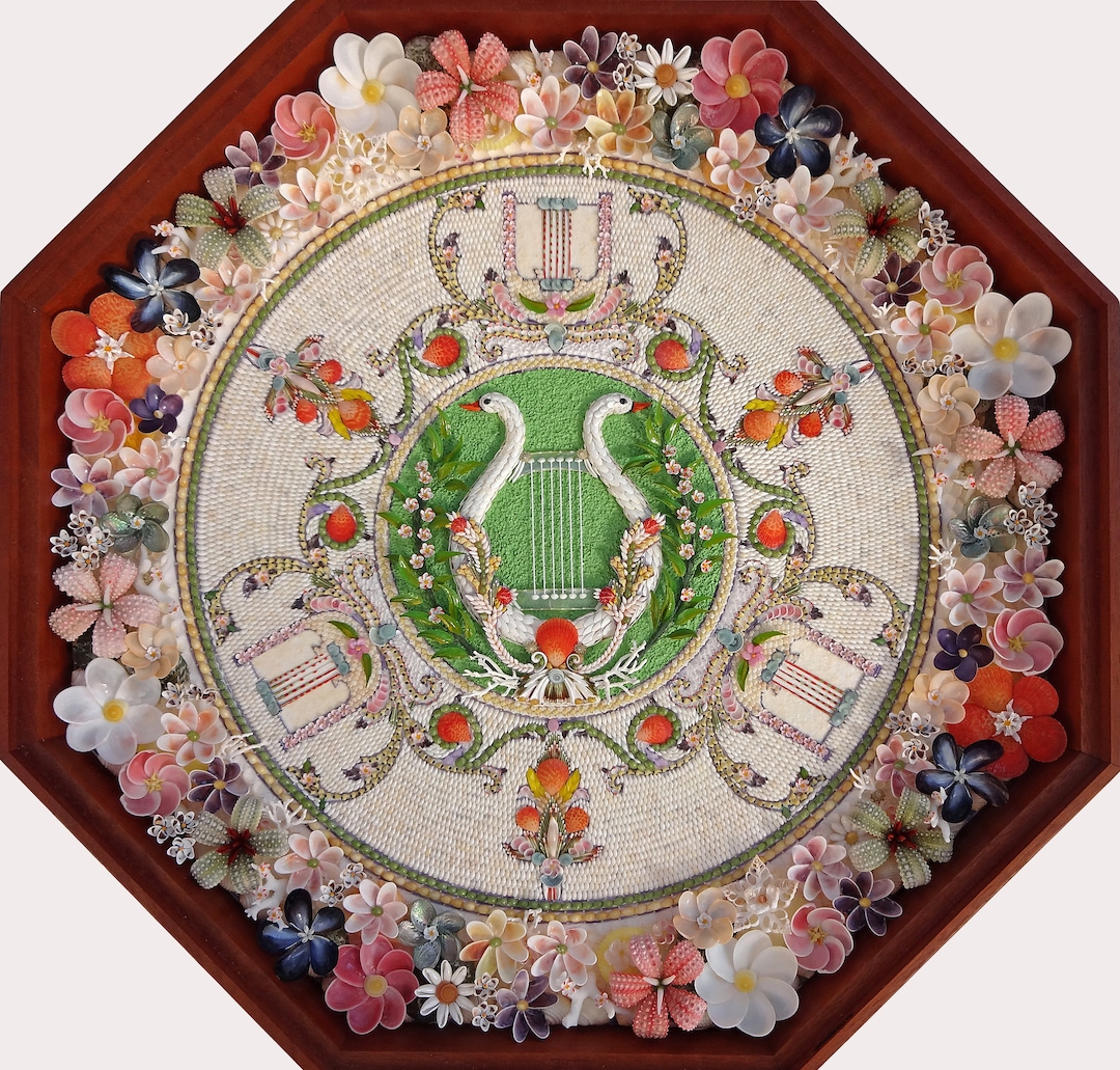 Sailor Valentine Shell Art: Swan & Harp Mahogany Wall Decor - Etsy