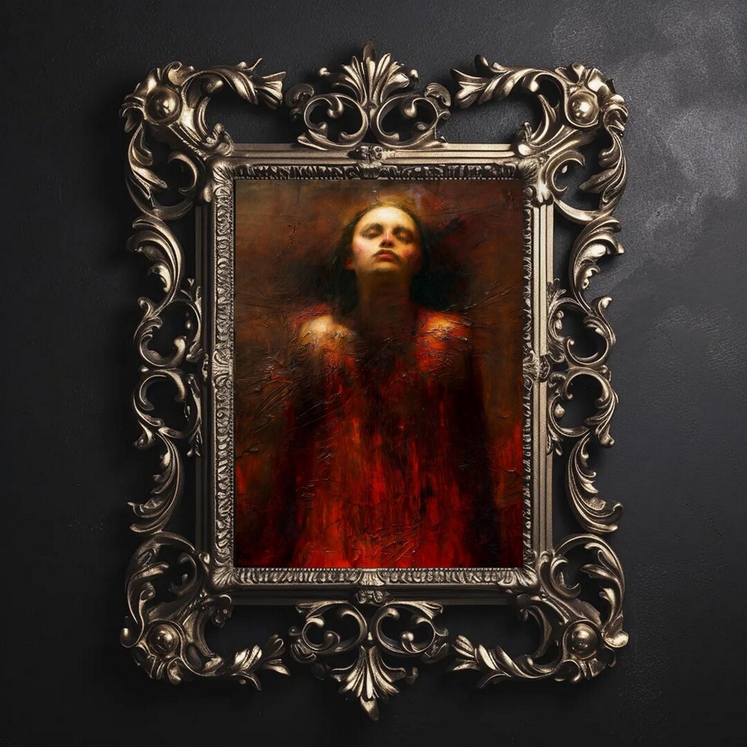 Dark Moody Woman Portrait Wall Art | Abstract Red Impasto Oil Painting ...