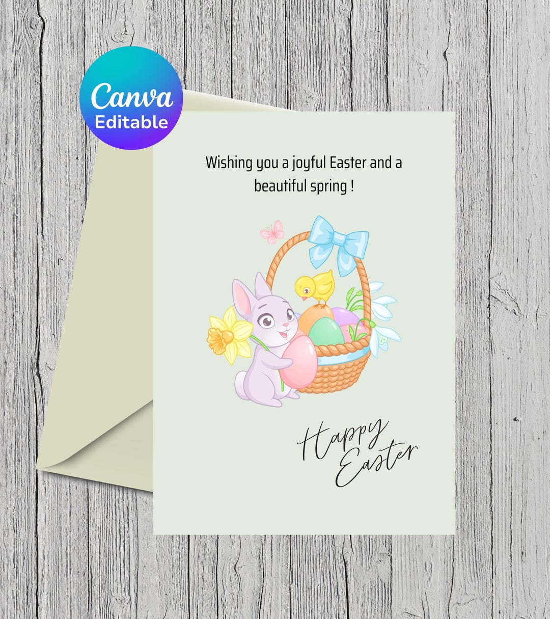 Editable Easter Card Template, Bunny Easter Basket Greeting (5x7 ...