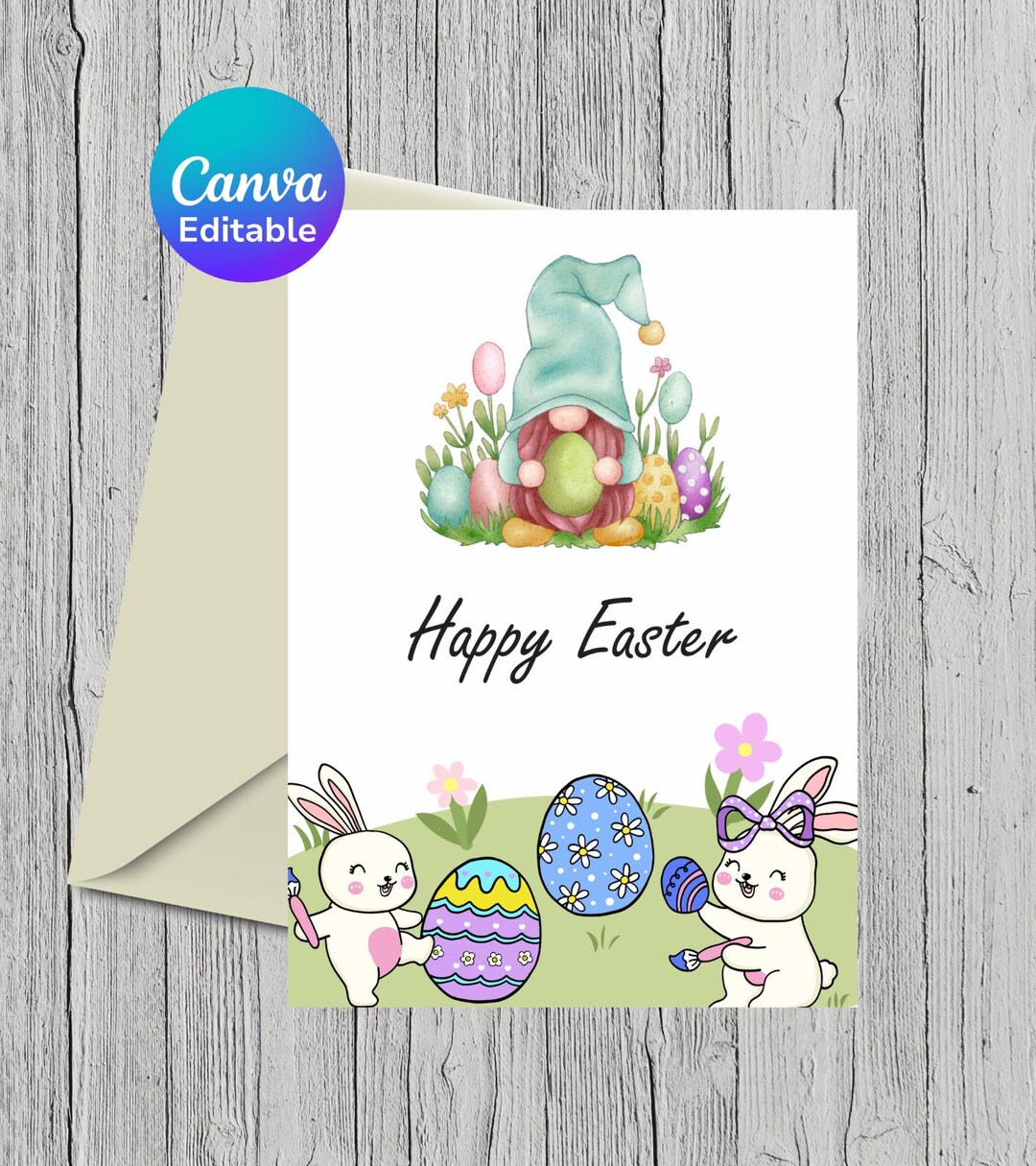 Editable Easter Card Canva Template, Bunny Gnome Greeting, Kids ...
